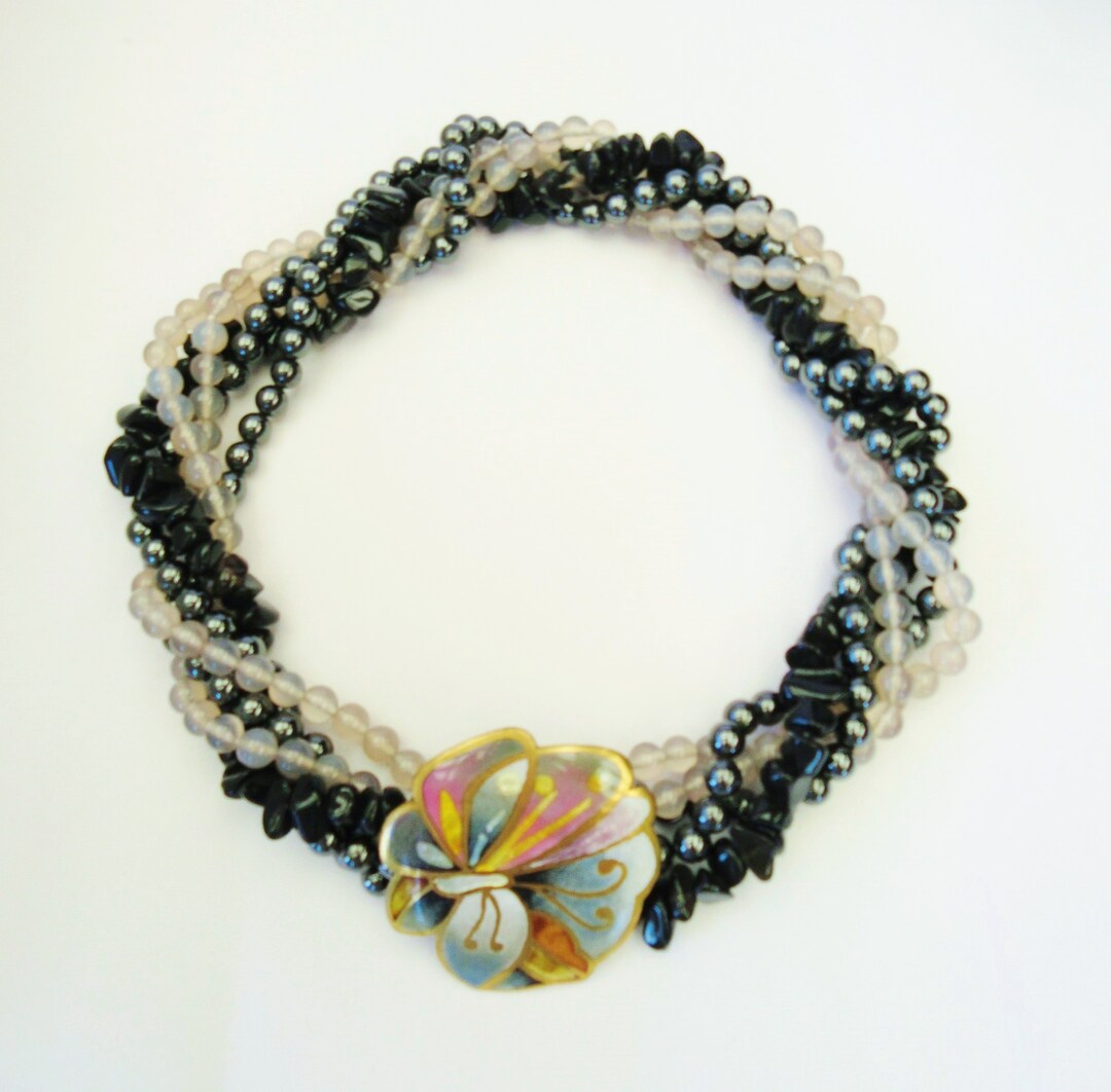 Vintage 1980s David Kuo Champleve Enamel Butterfly Rose Quartz Hematite ...