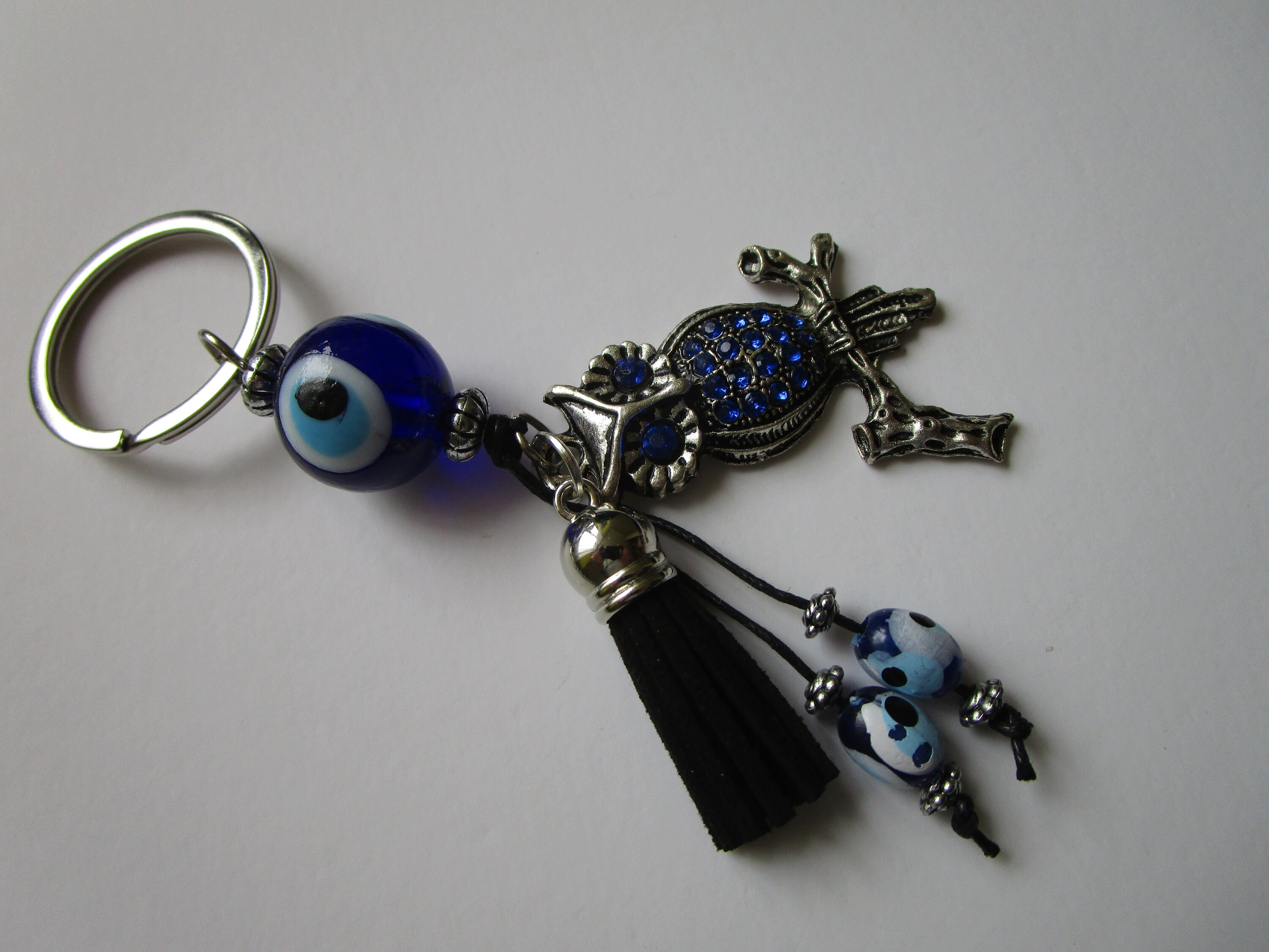 Blue Owl Blue Evil Eye Charm Key Chain - Black Leather Tassel - Blue ...