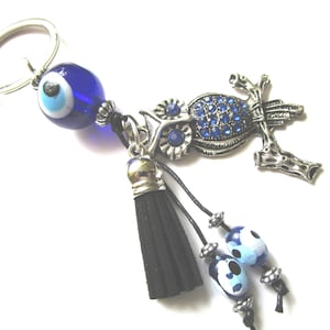 Blue Owl Blue Evil Eye Charm Key Chain - Black Leather Tassel - Blue ...