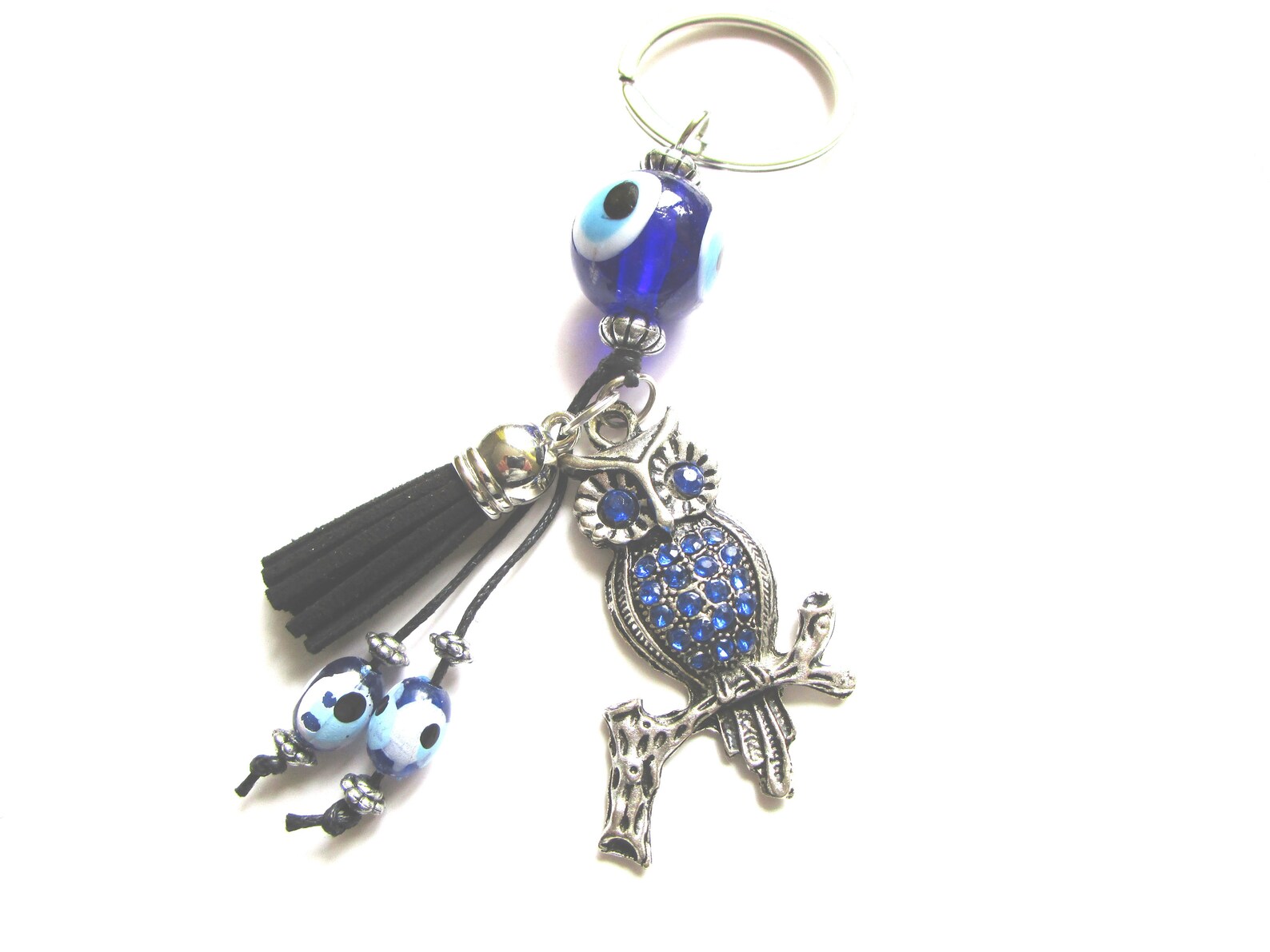 Blue Owl Blue Evil Eye Charm Key Chain - Black Leather Tassel - Blue ...