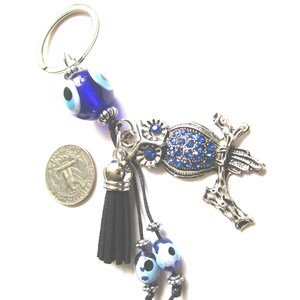 Blue Owl Blue Evil Eye Charm Key Chain - Black Leather Tassel - Blue ...