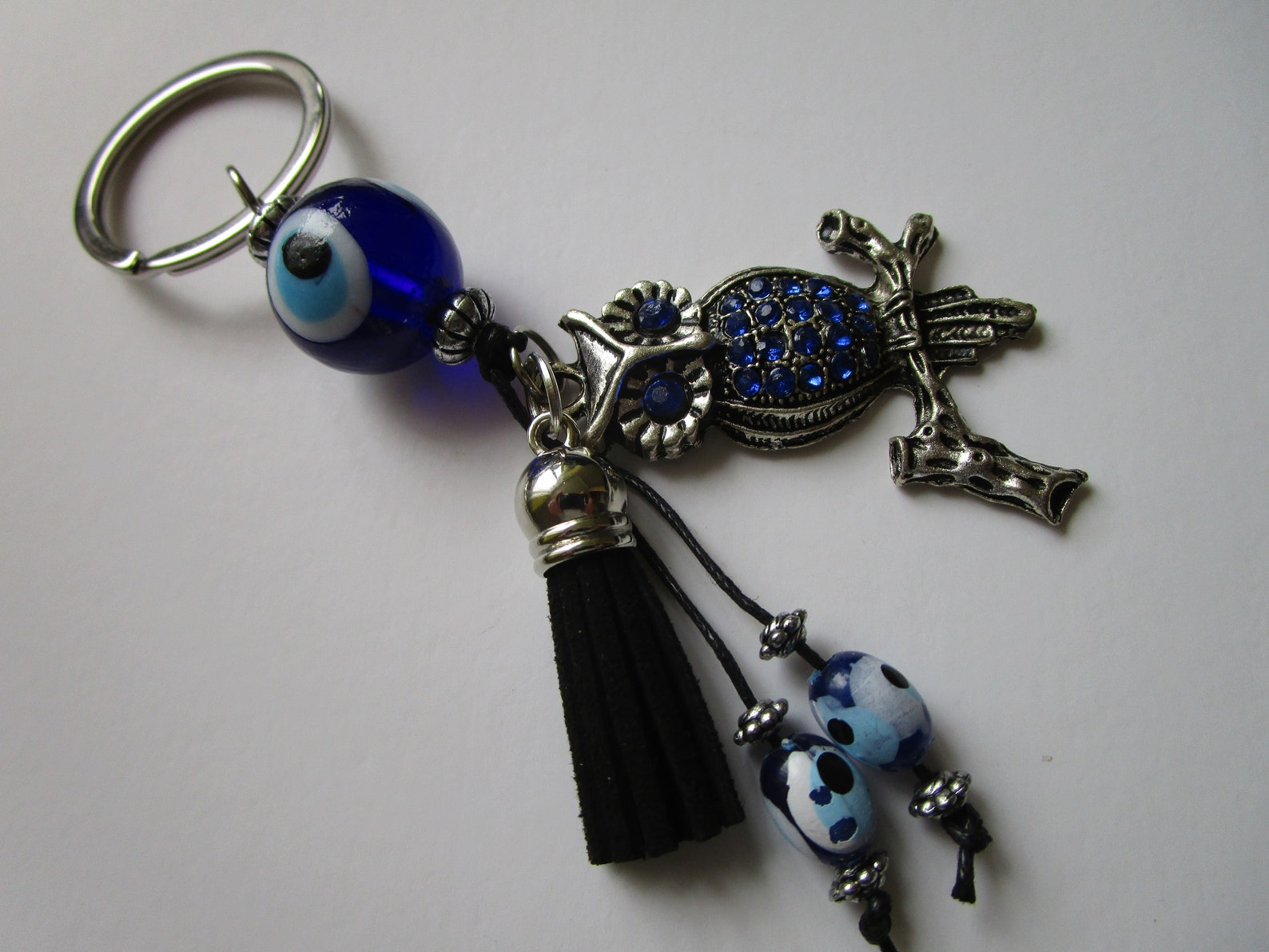Blue Owl Blue Evil Eye Charm Key Chain - Black Leather Tassel - Blue ...