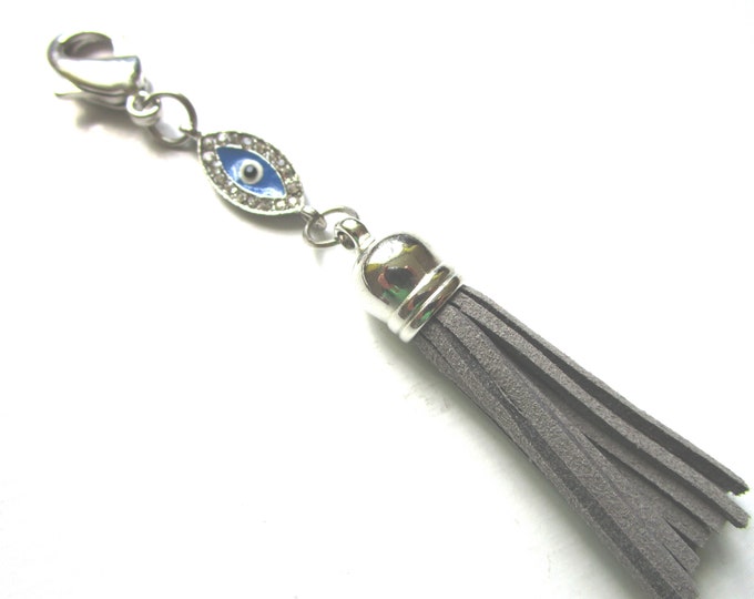 Blue Owl Blue Evil Eye Charm Key Chain - Black Leather Tassel - Blue ...