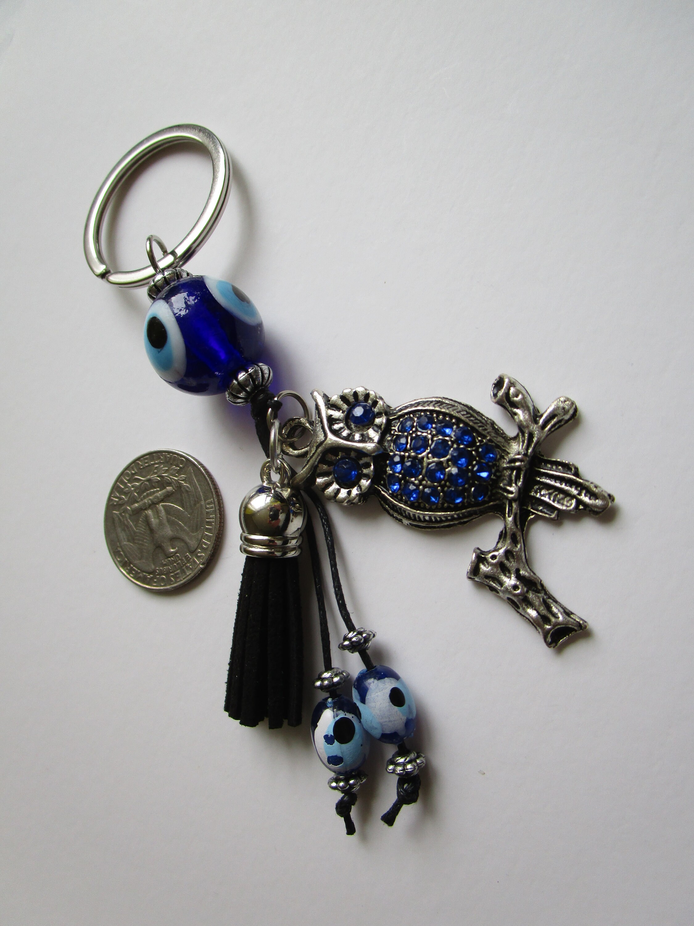 Blue Owl Blue Evil Eye Charm Key Chain - Black Leather Tassel - Blue ...