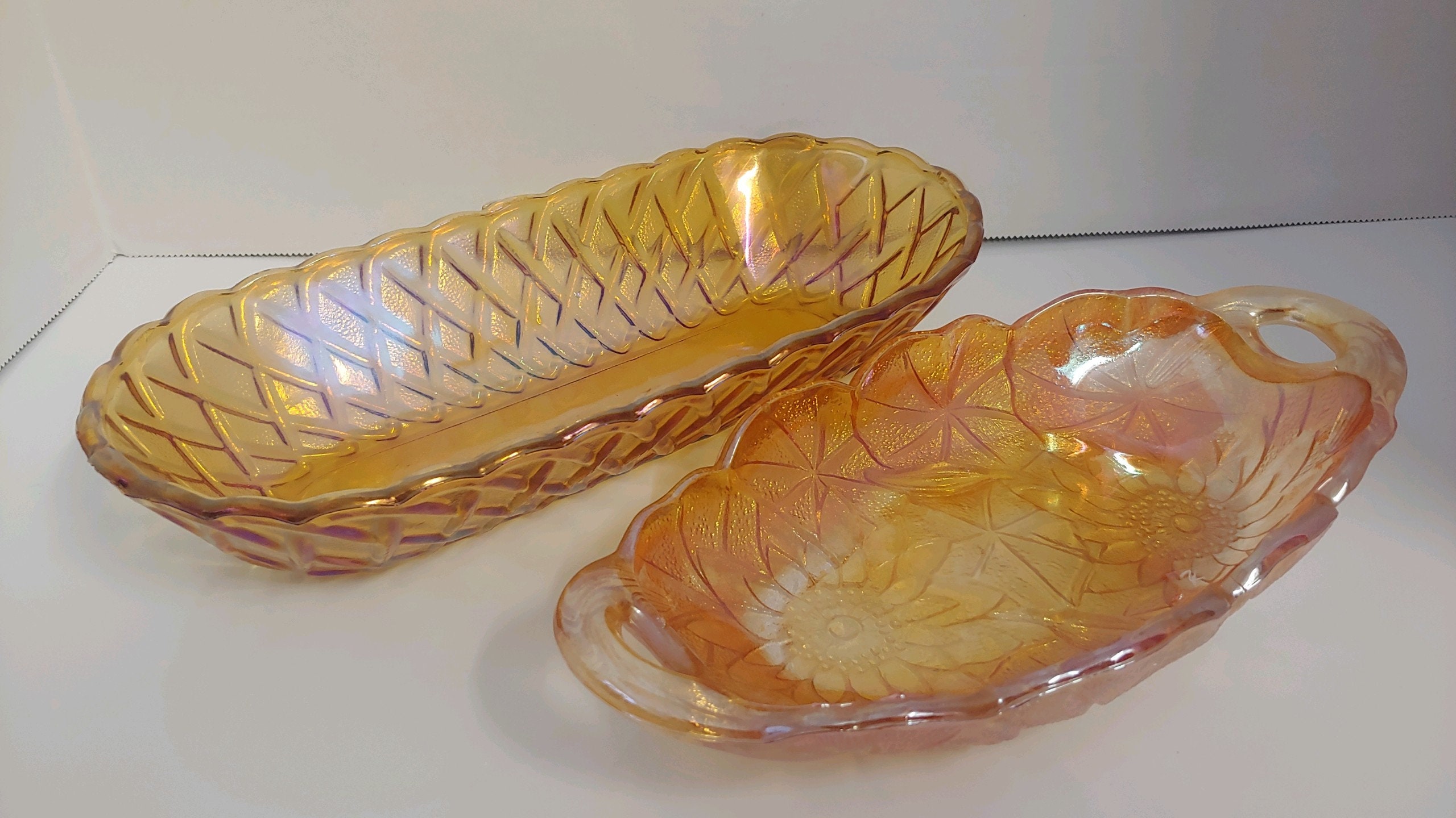VTG Indiana Glass Iridescent Marigold Amber Orange Carnival Glass Oval ...