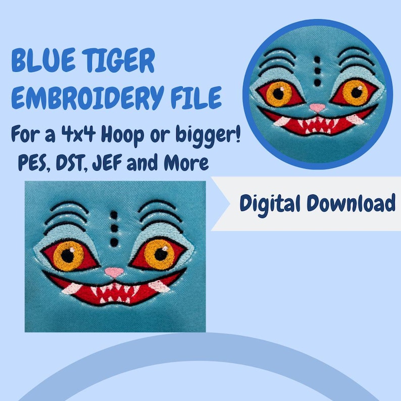 Blue Tiger Embroidery Pattern File PES, DST, JEF Digital File 4x4, 5x3 ...