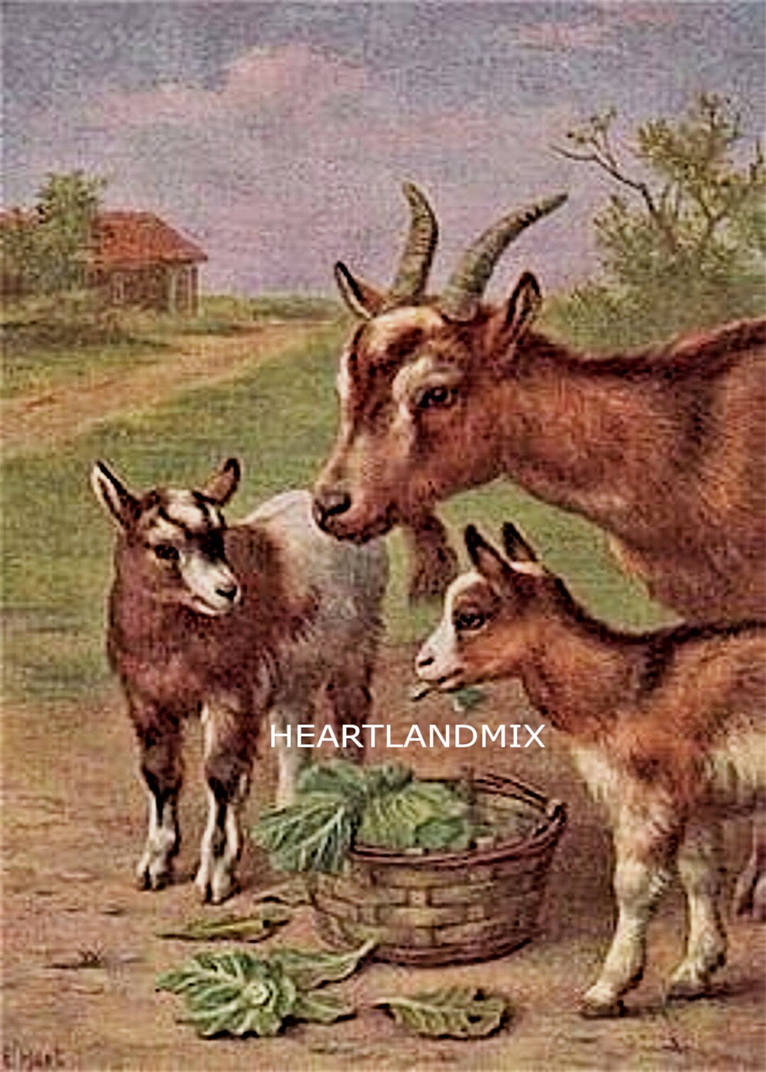 Antique Vintage Goat and Kids Illustration, Download Printable Wall Art ...