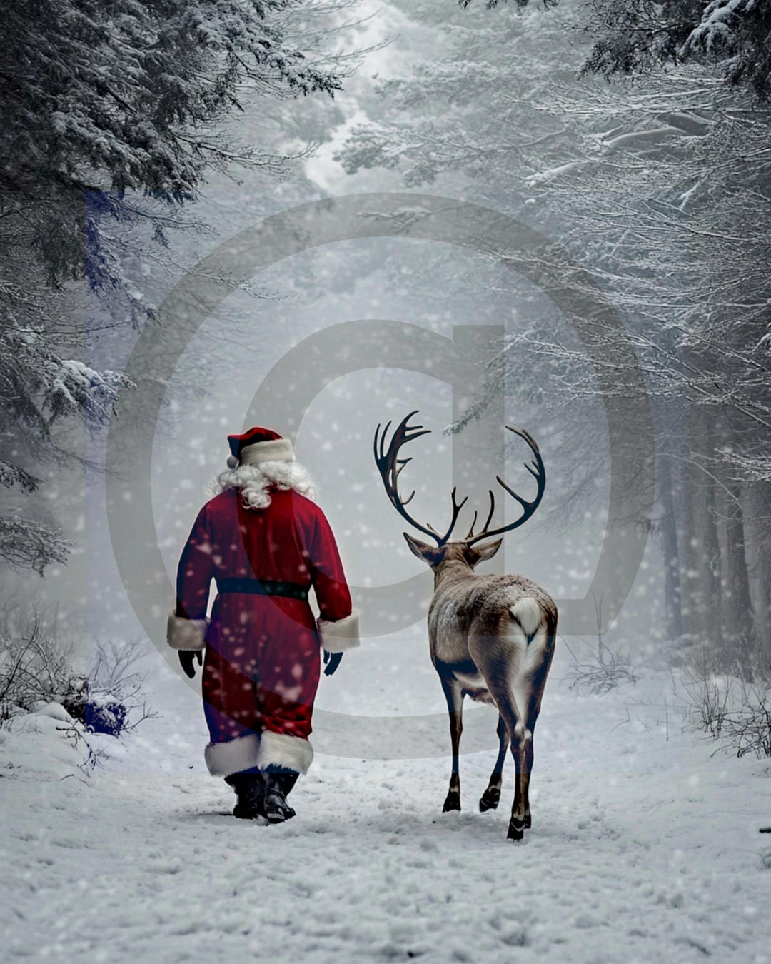 Santa Claus and Reindeer in Snowy Forest Digital Image Download ...