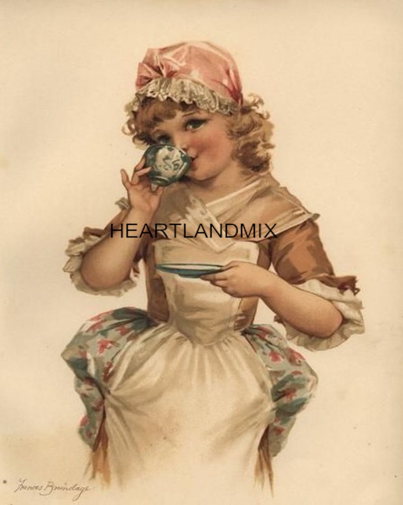 Vintage Victorian Girl Drinking Tea Frances Brundage Wall Art | Etsy