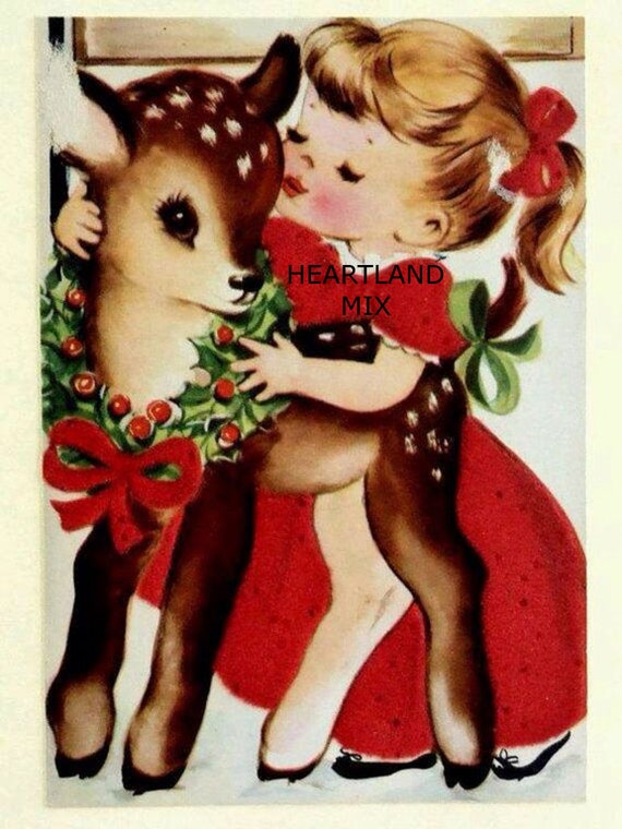 Vintage Christmas Girl And Reindeer Printable Digital Art Etsy