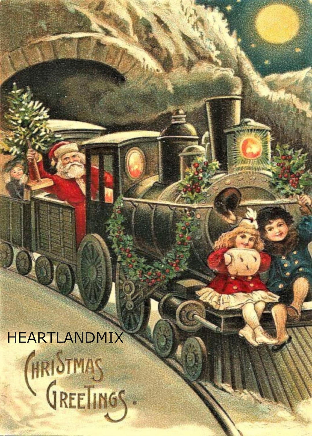 Vintage Santa Driving the Train With the Girls Riding on the Front ...