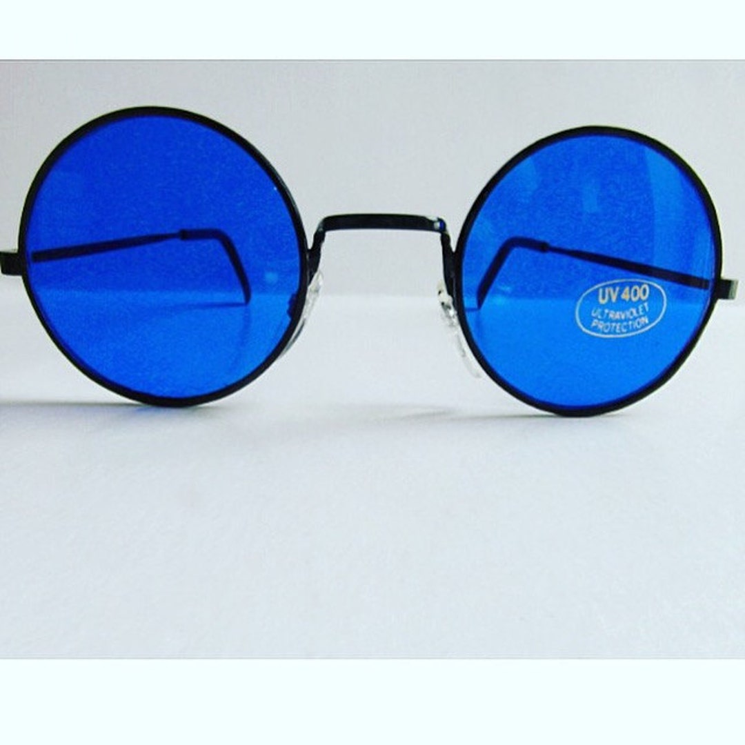 Vintage Ultramarine Blue Lenses Black Round Frame Sunglasses - Etsy