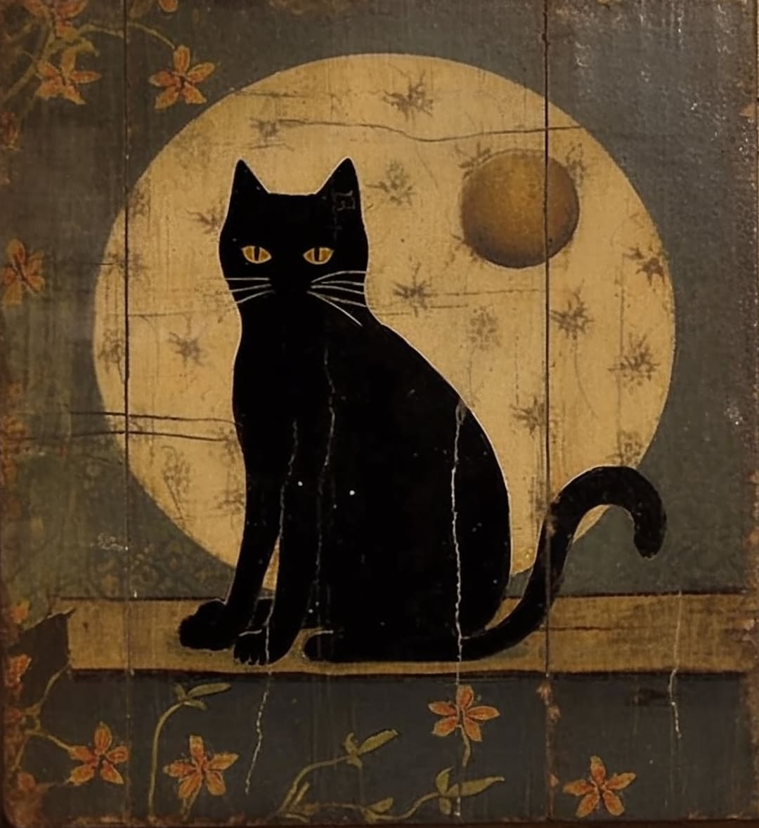 Folk Art Digital Cat| Folk Black Cat Print | Farmhouse Decor | Country ...