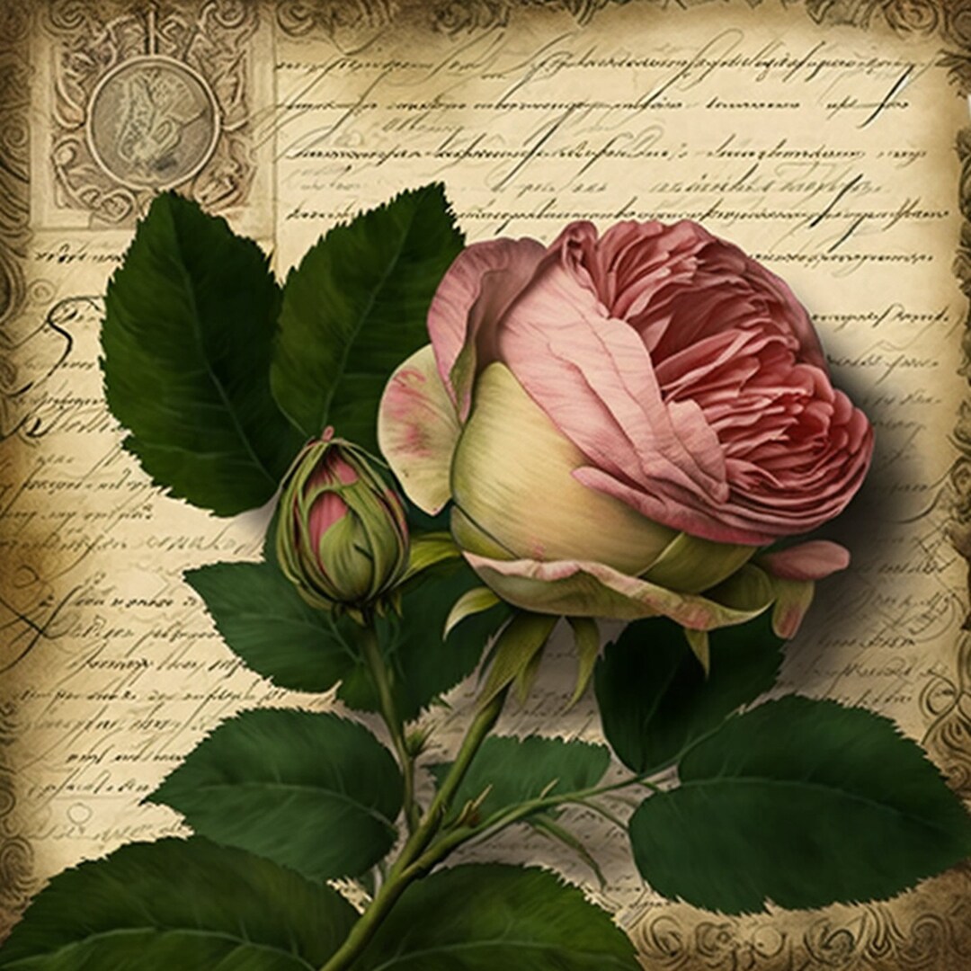 Vintage Rose With French Love Letter - DIGITAL Download, Floral Art ...