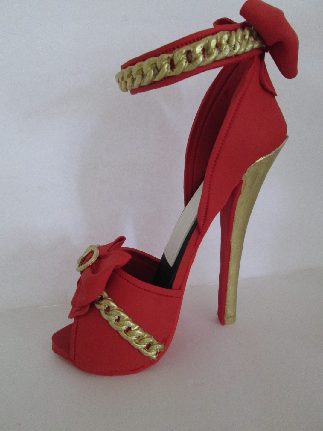 High Heel Stiletto Sugar Shoe Peep Toe Cake Topper With Chains and Bows ...