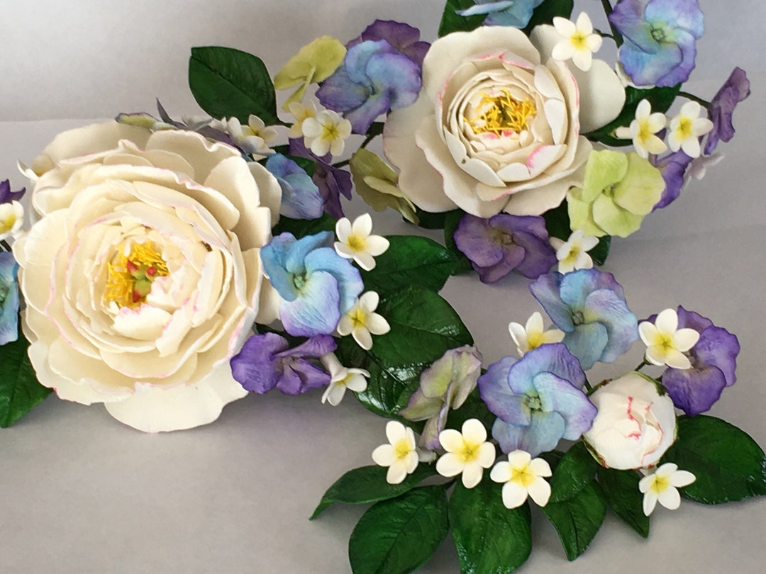 Lovely Bridal Sugar Flower Cake Toppers With Peonies Hydrangeas and ...