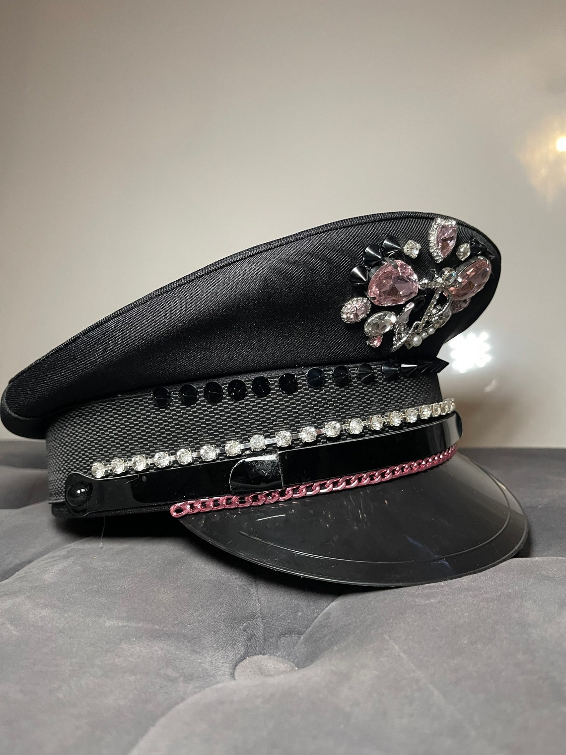 Goth Love Military Peaked Black Captain Hat With Gorgeous Jeweled Pink ...