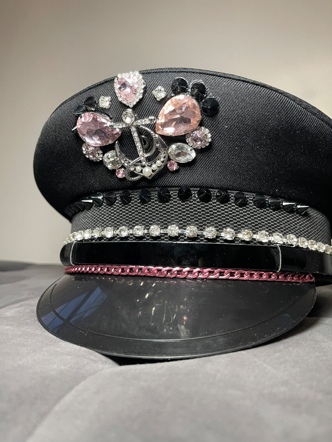 Goth Love Military Peaked Black Captain Hat With Gorgeous Jeweled Pink ...