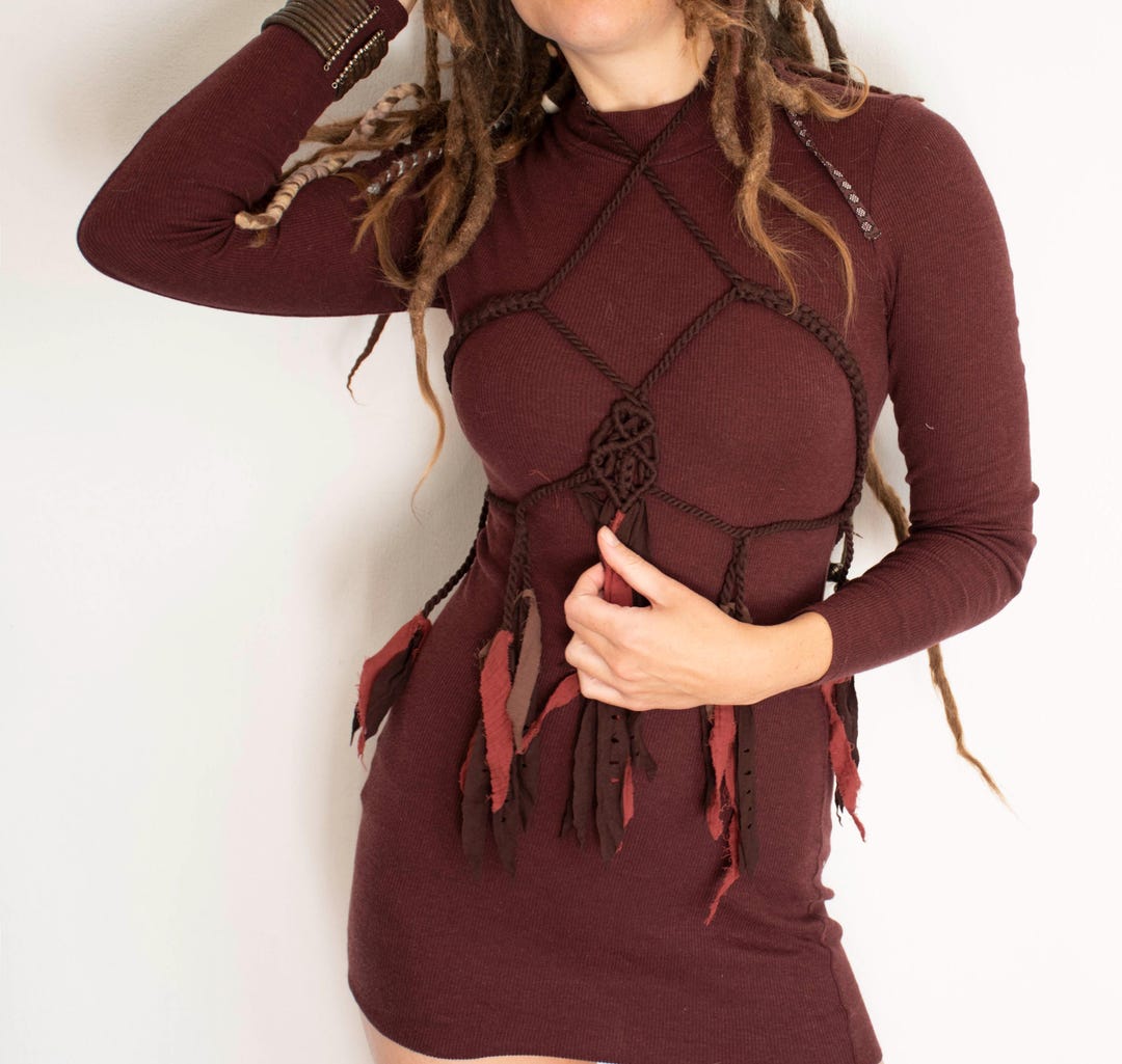 Brown Cotton Macrame Body Harness, Gray Tribal Body Lingerie With ...