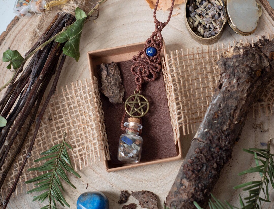Tribal Essence Spell Charm Necklace, Brown Macrame Spell Bottle ...
