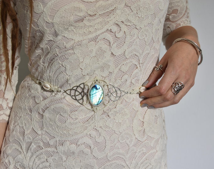 White Wedding Waist Belt, Macrame Labradorite Belly Jewelry, Boho Body ...