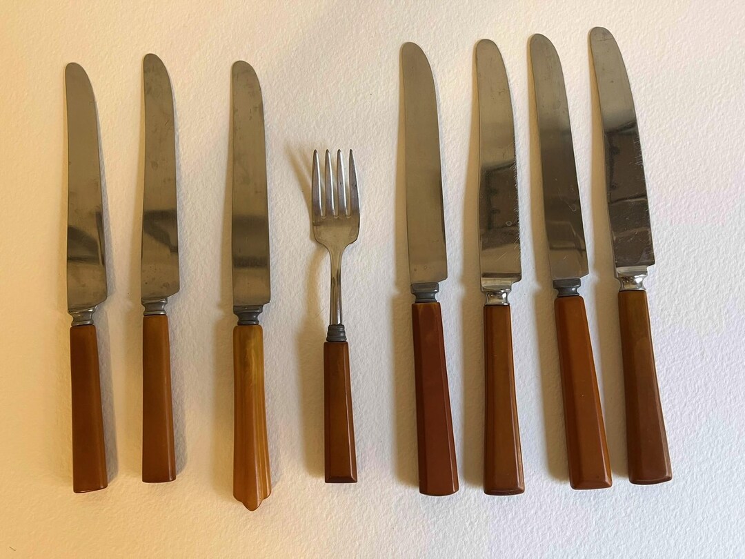 Bakelite Flatware - (7) Assorted Knives + One Desert Fork - Butterscotch Colored Handles - Etsy