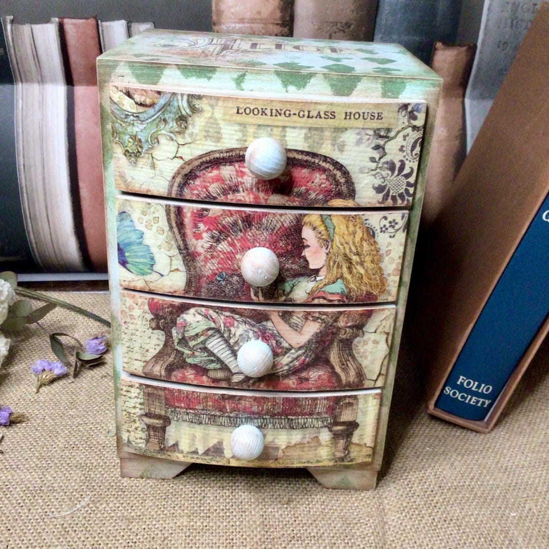 Alice in Wonderland Mini Chest of Drawers, Jewellery Box, Mini Cabinet ...