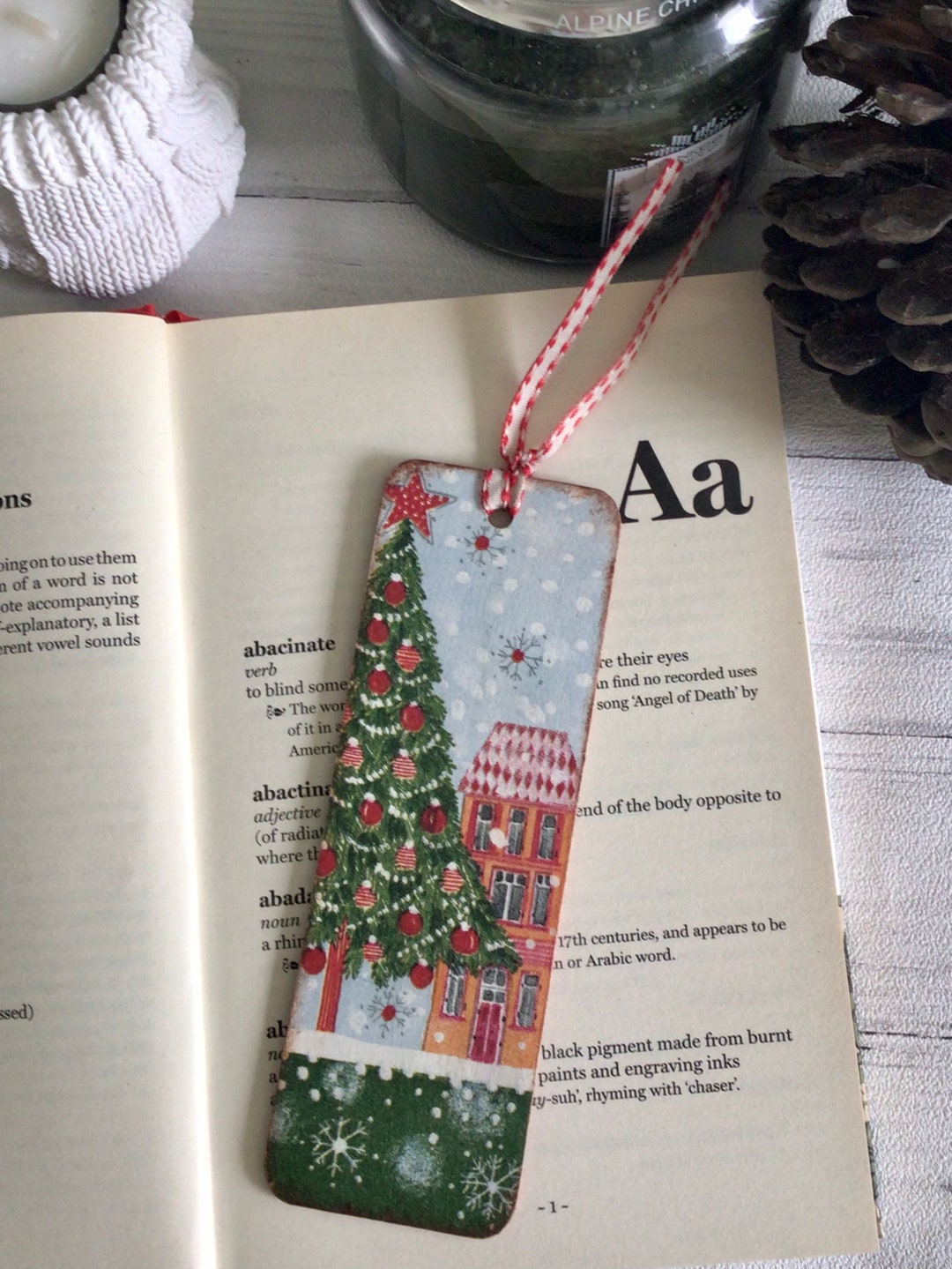 Christmas Village Bookmark Christmas Tree Wooden Decoupage - Etsy
