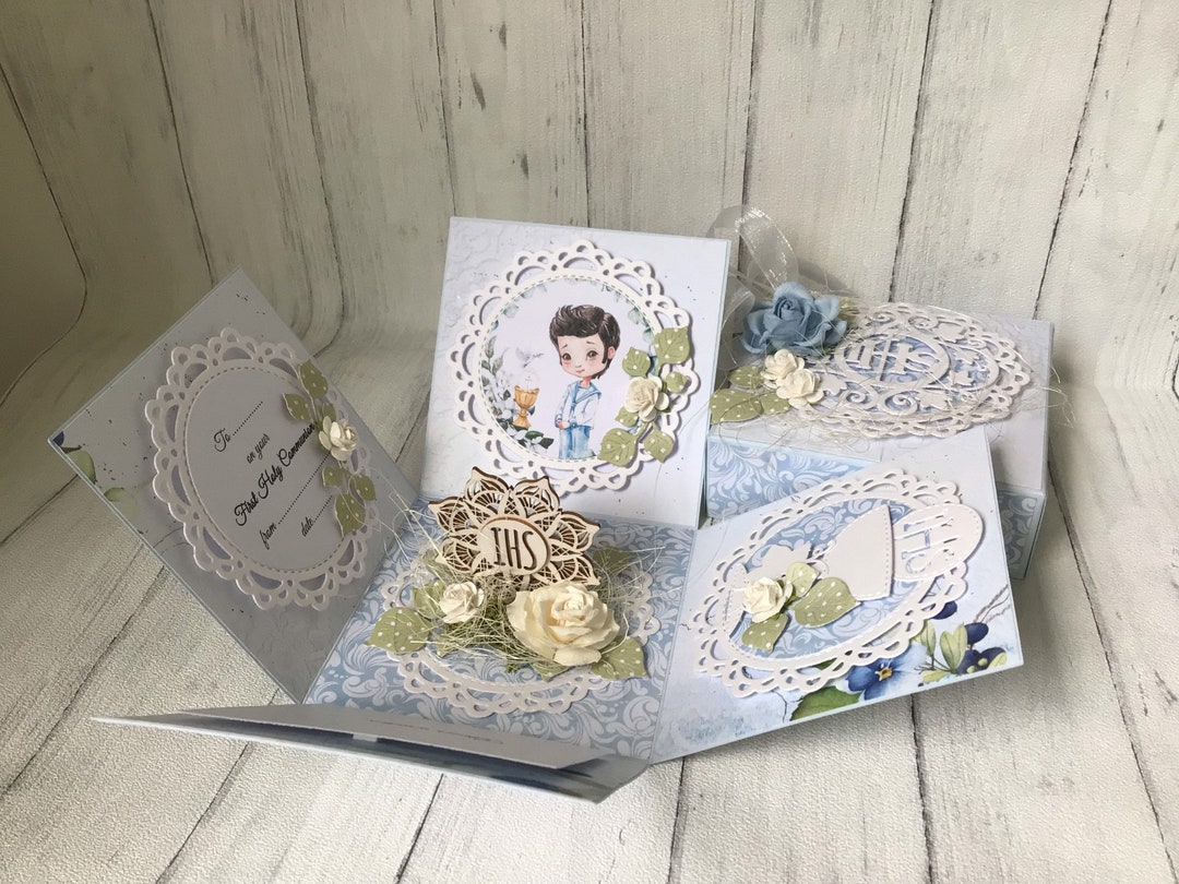 First Holy Communion Exploding Box for Boy Blue White Roses - Etsy