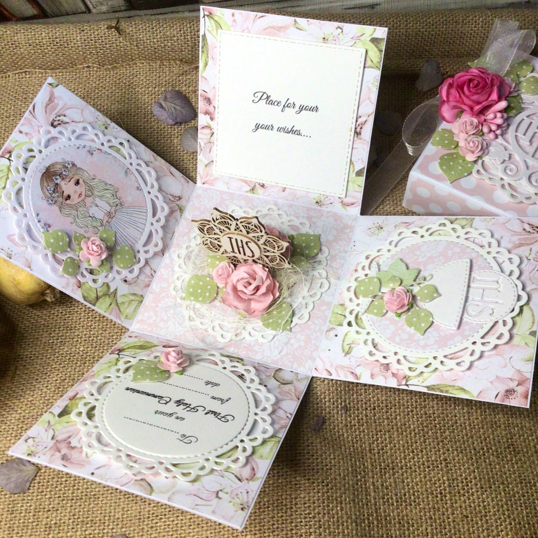 First Holy Communion Exploding Box for a Girl, Pink, Pink Roses, White Berries, Gift Card ...