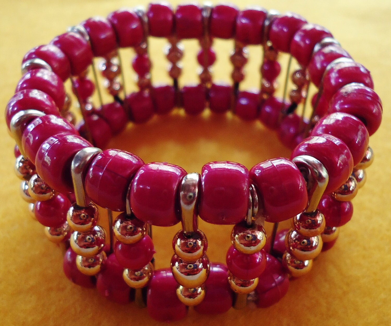 Vintage Hot Pink and Gold Beaded Stretch Cuff Bracelet - Etsy
