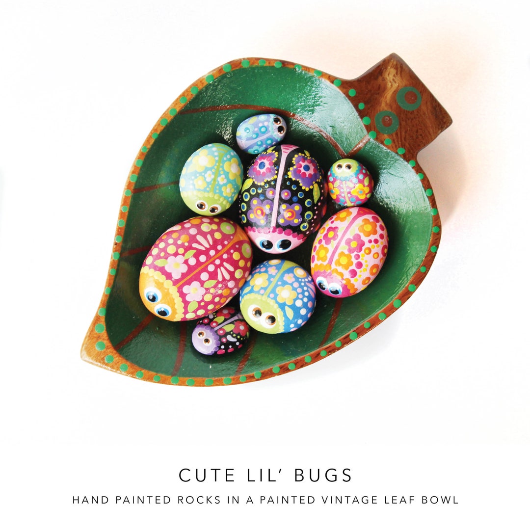 Cute and Colorful Lil' Bug Rocks in Leaf Bowl - Hand Painted Rocks ...