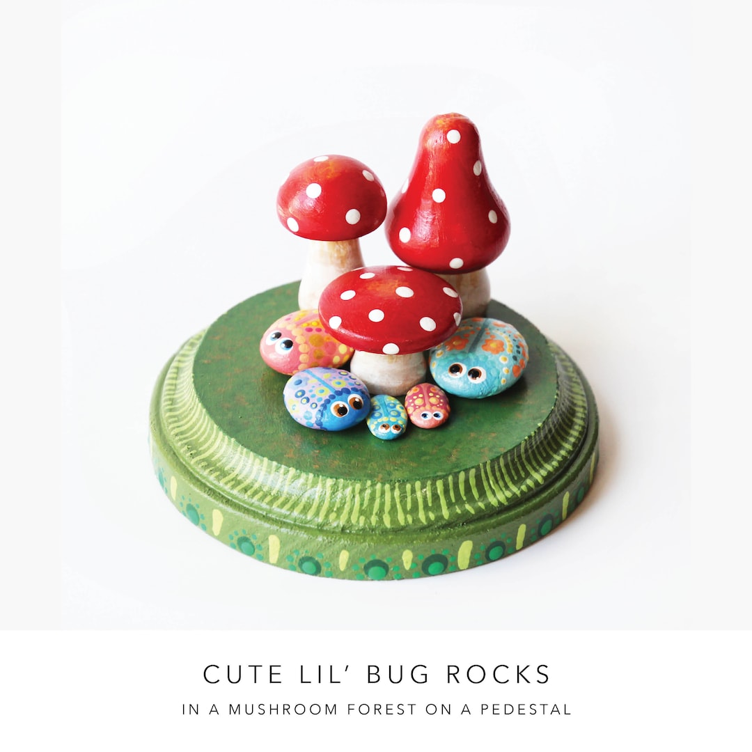 Cute Lil' Bugs in a Mushroom Forest on a Moss Green Pedestal - Woodland ...