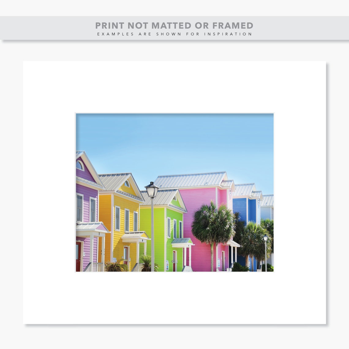 Colorful Cottages by the Ocean Photo - Bright Purple Yellow Lime Pink ...