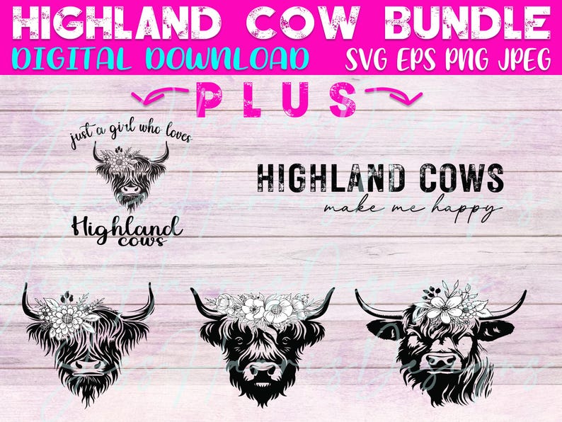 Highland Cow SVG Bundle: 24 Vector Images + Bonus Quotes (digital ...