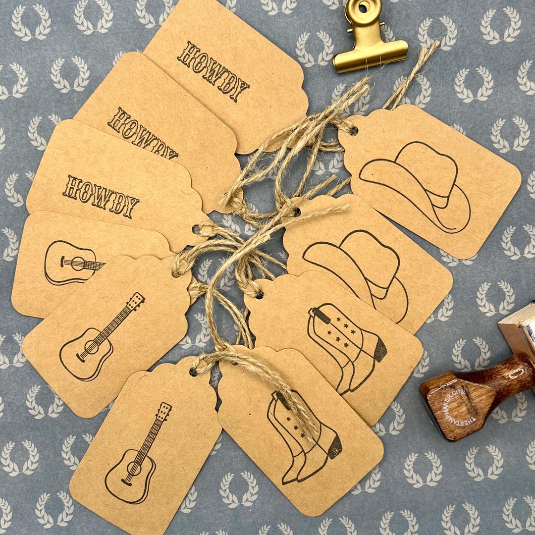 Country Western Gift Tags | Howdy | Boot | Guitar | Hand Stamped | Set ...