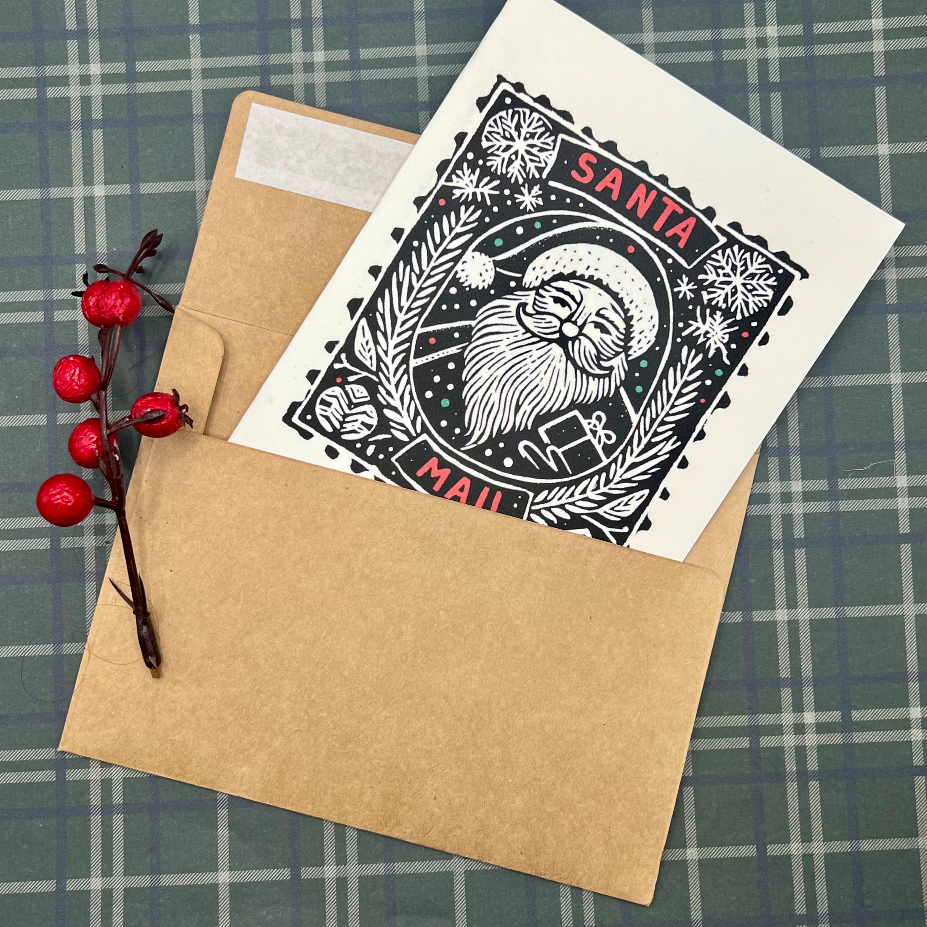 Handmade Santa Christmas Cards Block Print Holiday Stationery Set of 8 ...