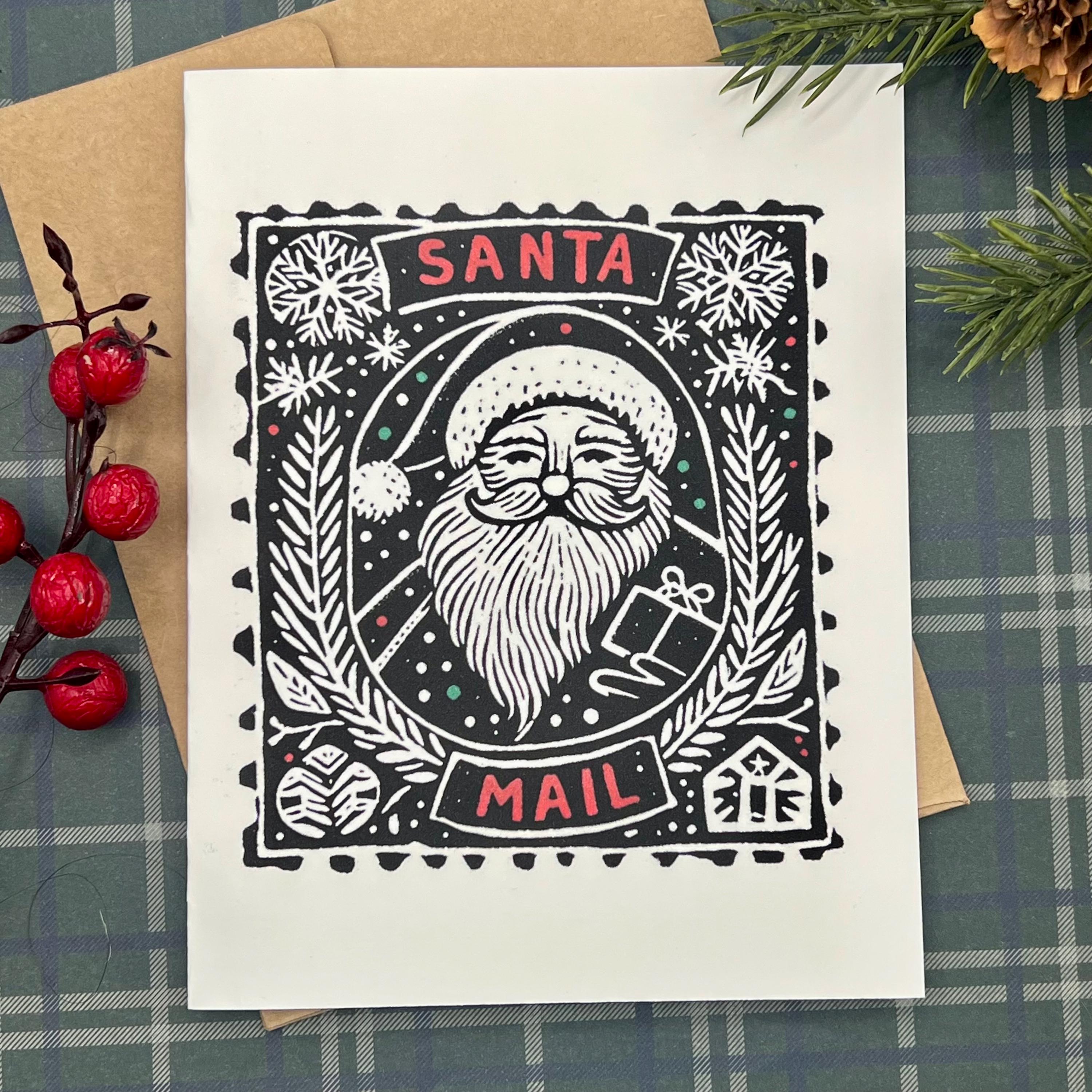 Handmade Santa Christmas Cards Block Print Holiday Stationery Set of 8 ...