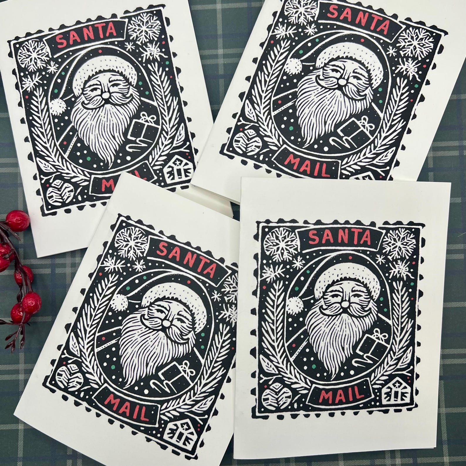 Handmade Santa Christmas Cards Block Print Holiday Stationery Set of 8 ...