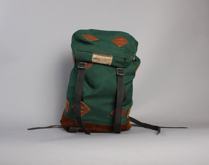 Vintage REI BACKPACK / Large Green Nylon & Leather Rucksack Hiking ...