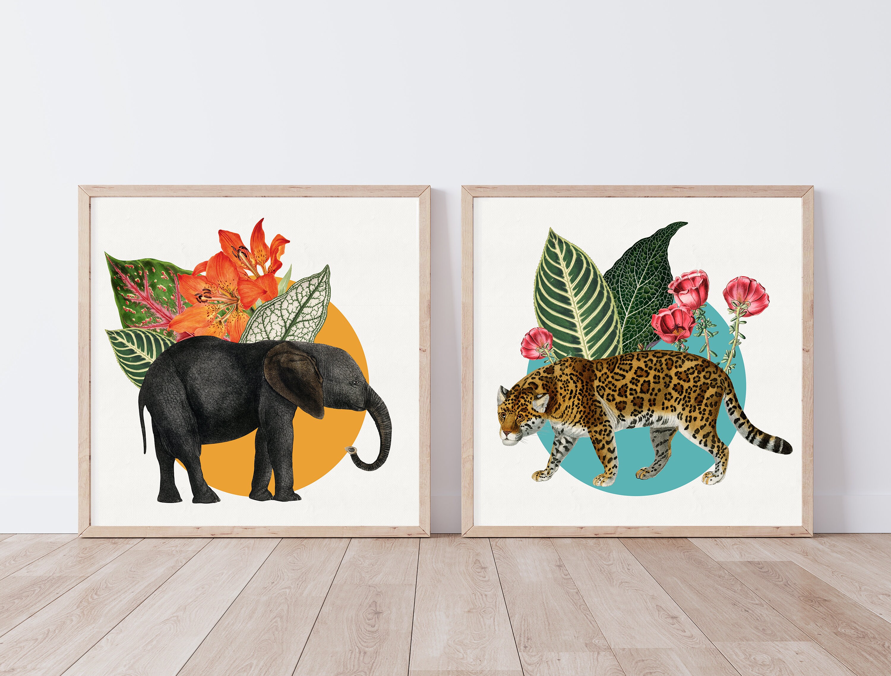 Pair of Jungle Animal Collage Prints Leopard & Elephant | Etsy