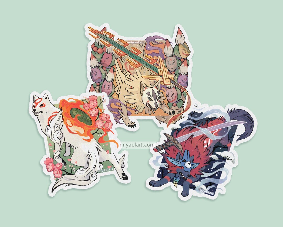 Vinyl Stickers • Okami Amaterasu, Ninetails, & Oki • 8.5cm • Matte ...