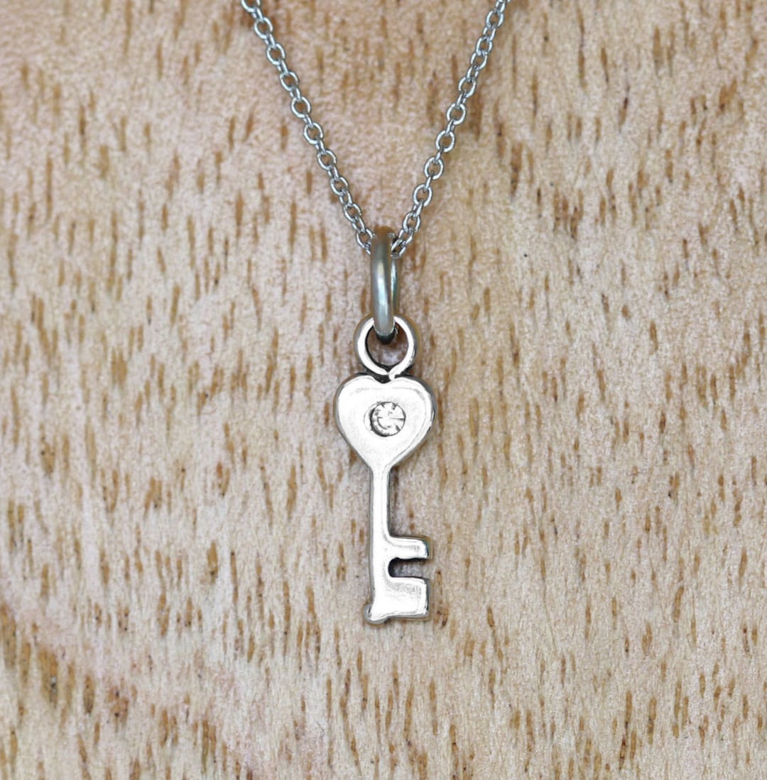 Little Key Charm Necklace, Sterling Silver, Rhodium Sterling Silver ...