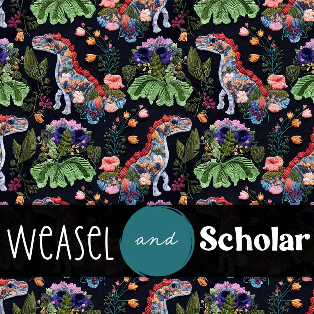 Florasaurus, Floral Dinosaur Embroidery Seamless Pattern, Digital Paper ...
