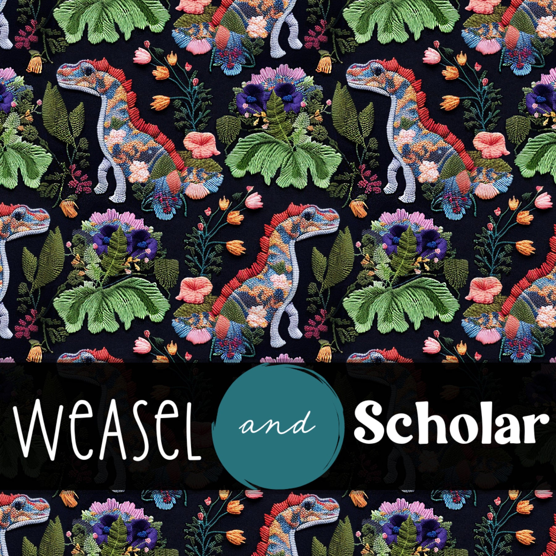 Florasaurus, Floral Dinosaur Embroidery Seamless Pattern, Digital Paper ...