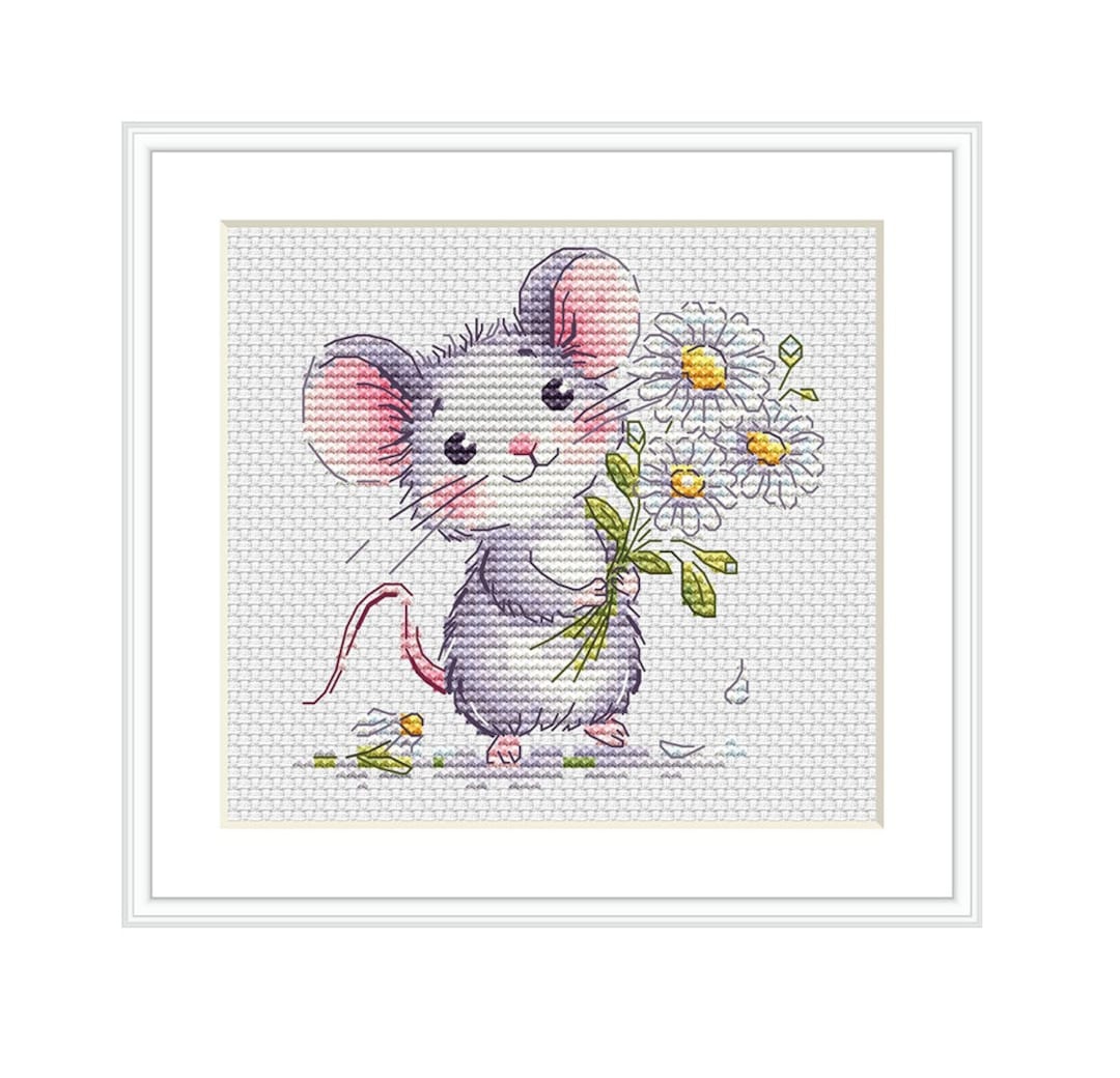 Cross Stitch Pattern Sweet Mouse With Daisies Instant Download Digital ...