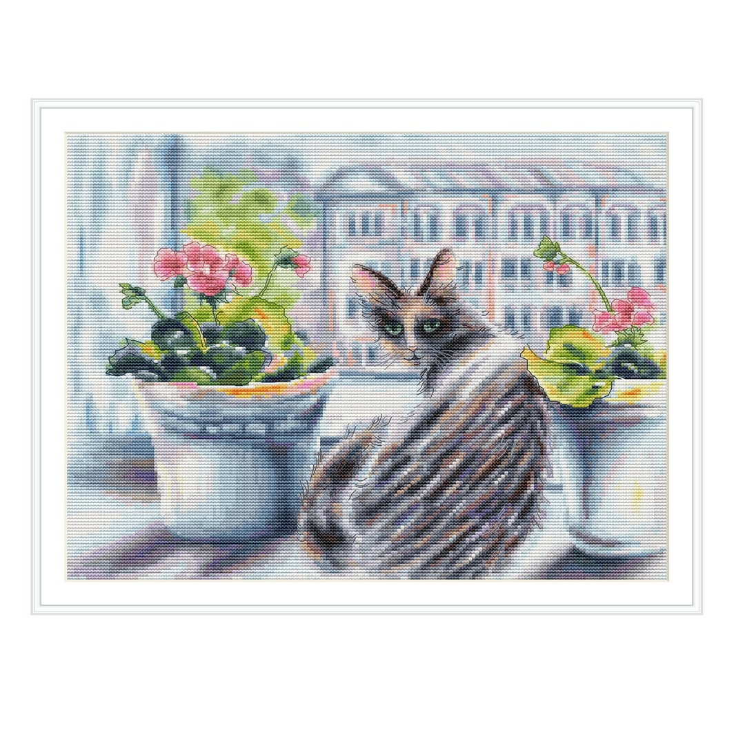 Cat and Geranium Cross Stitch Pattern: Window Embroidery (PDF Pattern ...