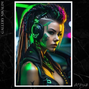 Neon Headphones Girl – Electric Punk Portrait | Fantasy Woman | Digital ...