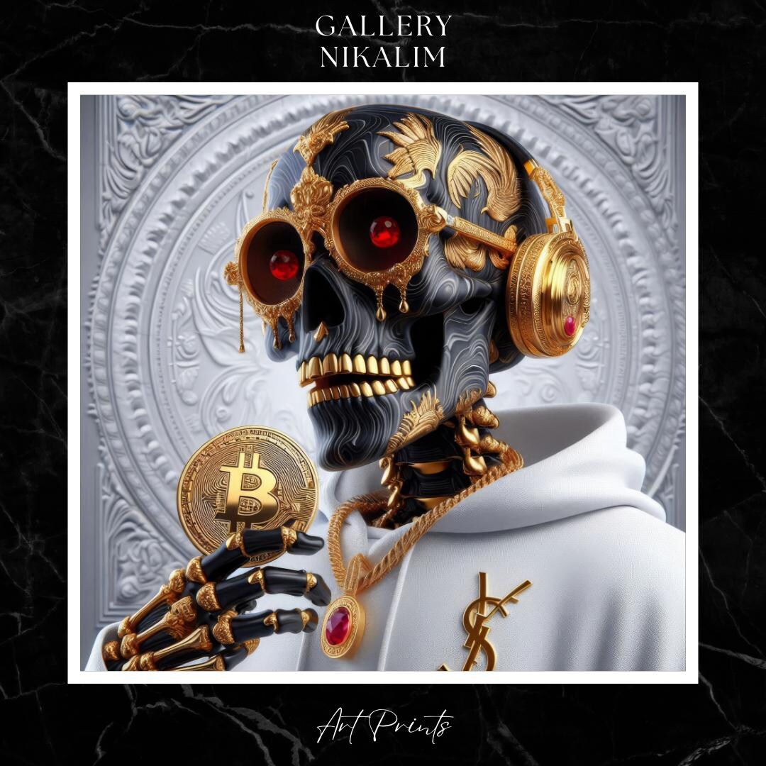 AI Skull Portrait Marble Black Ruby Eyes Skull Gold Earphones Globe ...