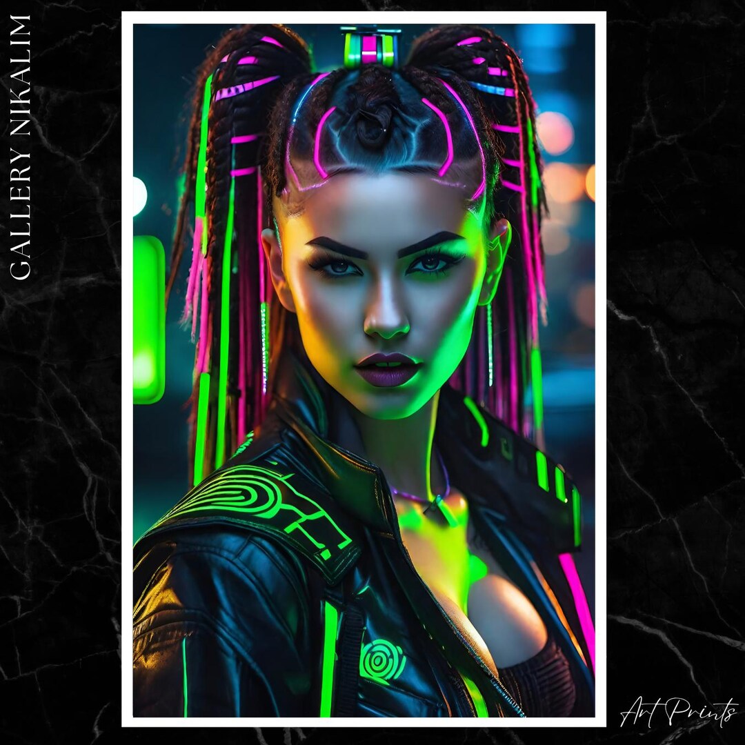 Cyberpunk Girl Warrior Digital Art, Green Punk Hairstyle, Shaved Head ...
